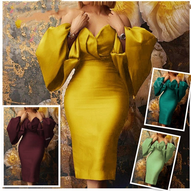 Dress Off-Shoulder Puff Sleeve Pleated Chic Casual – FashionPrice
