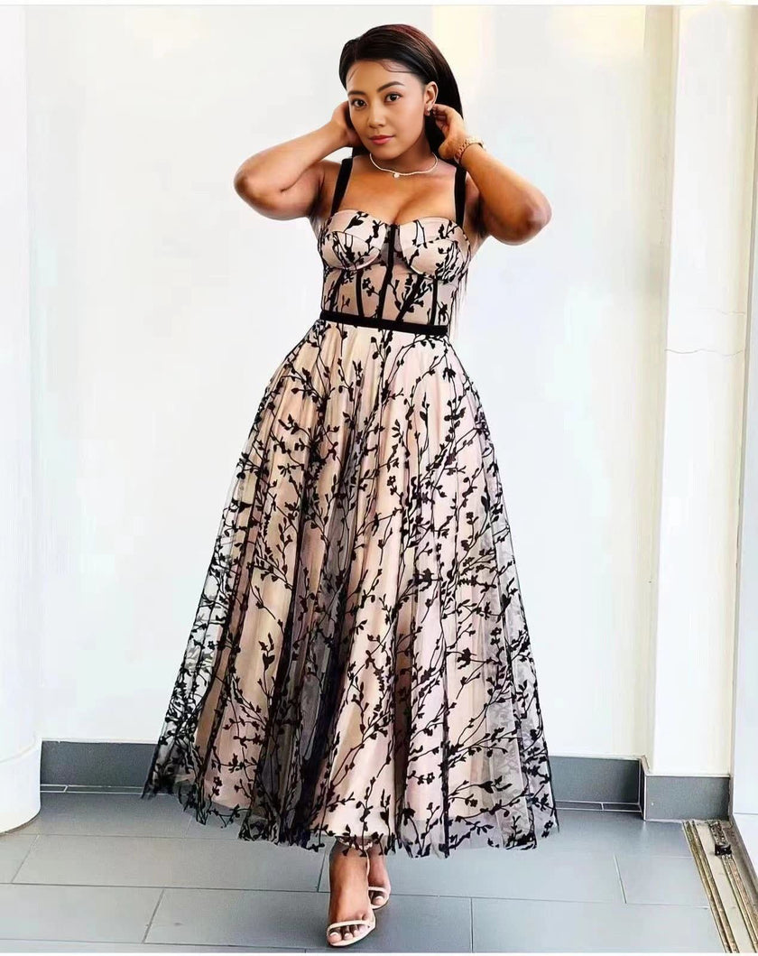 Sleeveless Botanical Patterned A-Line Evening Gown – FashionPrice